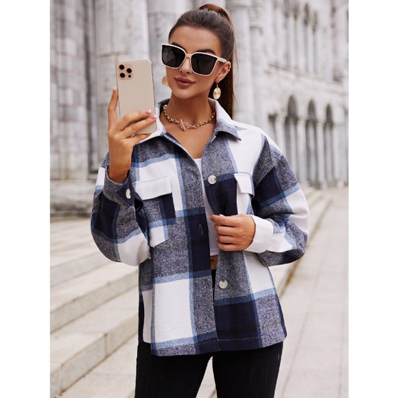 SHEIN | Jackets & Coats | Blue Plaid Flannel Shirt Jacket Xl Nwot ...